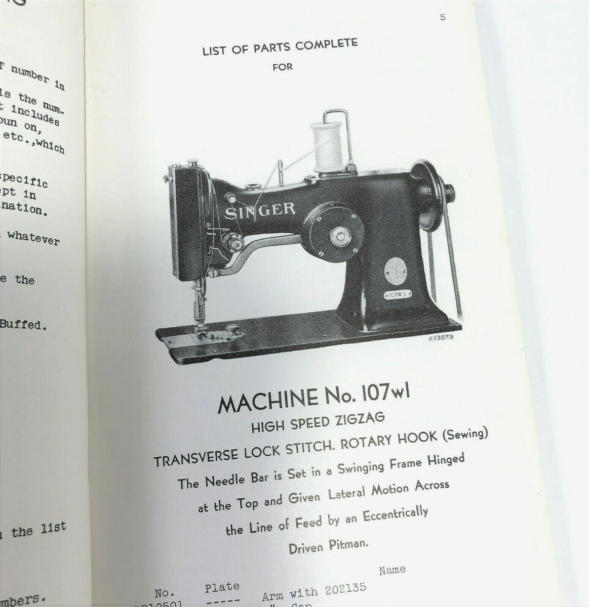 Singer 107wl Industrial Sewing Machine List of Parts Booklet Manual ...